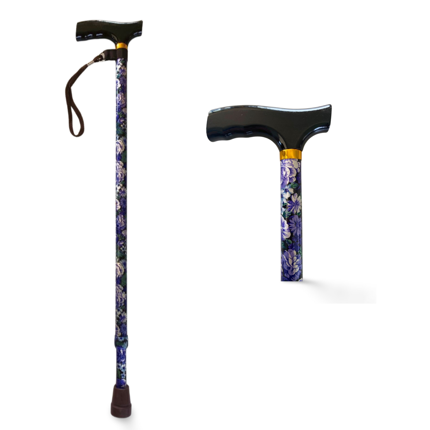 'T' Handle Walking Stick – Purple Floral Pattern | Mobility Plus NZ